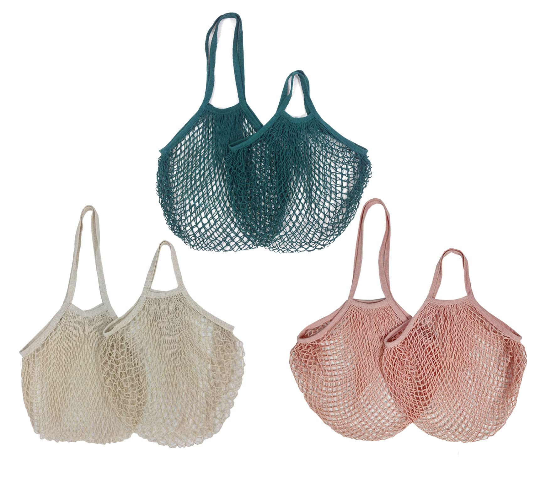 Cotton String Shopping Bags Reusable Washable Grocery Mesh Bags Organizer for Grocery Net Bags with Longhandle for Fruit Vegetable Storage, 6 Pack