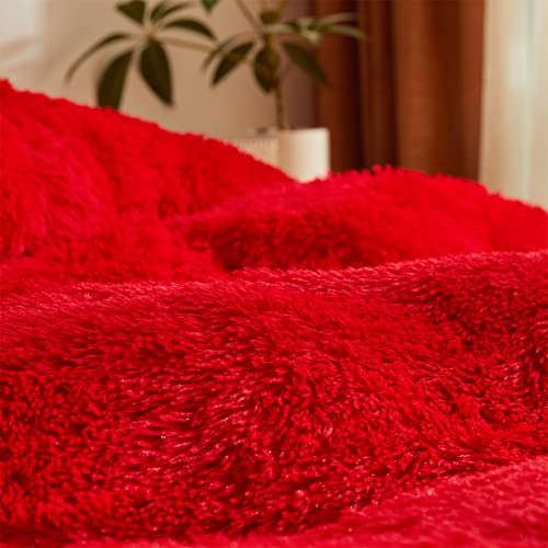 Red Fluffy Comforter Cover Shaggy Plush Set,Ultra Soft Faux Fur Duvet Cover Bedding Sets Queen 3 Pieces with Pillow Cases, red Fuzzy Bed Set Zipper Closure (Red, Queen)