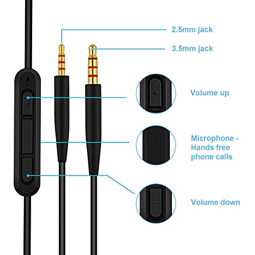 QC45 Audio Cable Replacement Headphone Cord Wire Compatible with Bose Quietcomfort 35 QC25 QC35 QC45 OE2i Soundlink SoundTrue NC700 Headphones Aux Cord(Black with Mic)