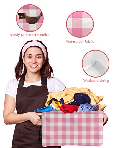 Cube Storage Bins Cloth Towel Organizer Valentine's Day Easter Pink Plaid Checkered Fabric Collapsible Storage Baskets with Handles for Home Office Closet Shelves Toy Nursery 2 Pack