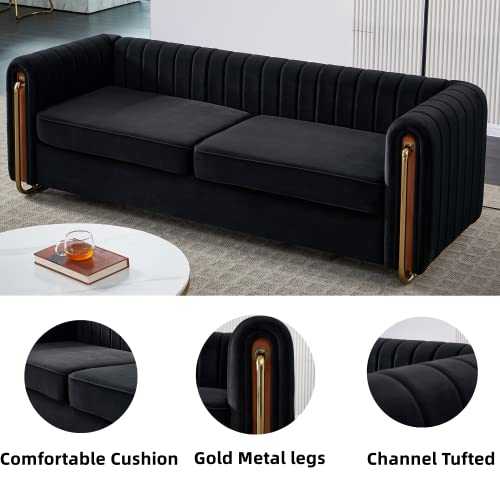 Melpomene Vertical Channel Tufted Velvet Sofa with Round Arm and Gold Metal Legs,Armrest 84.25" W(Black)