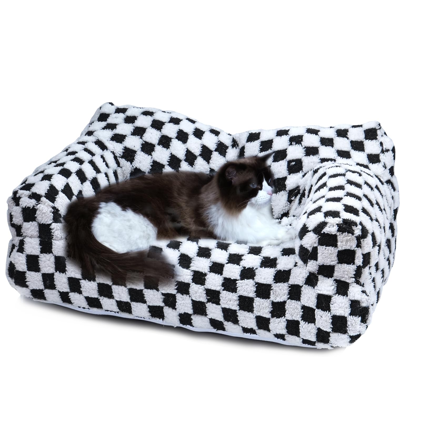 FORMYCATIE Pet Couch Bed, Washable Cat Beds for Medium Small Dogs & Cats up to 25 lbs, Soft Calming Cat Sofa Beds for Indoor Cats Anti-Slip Bottom,Fluffy Cat Couch (White)