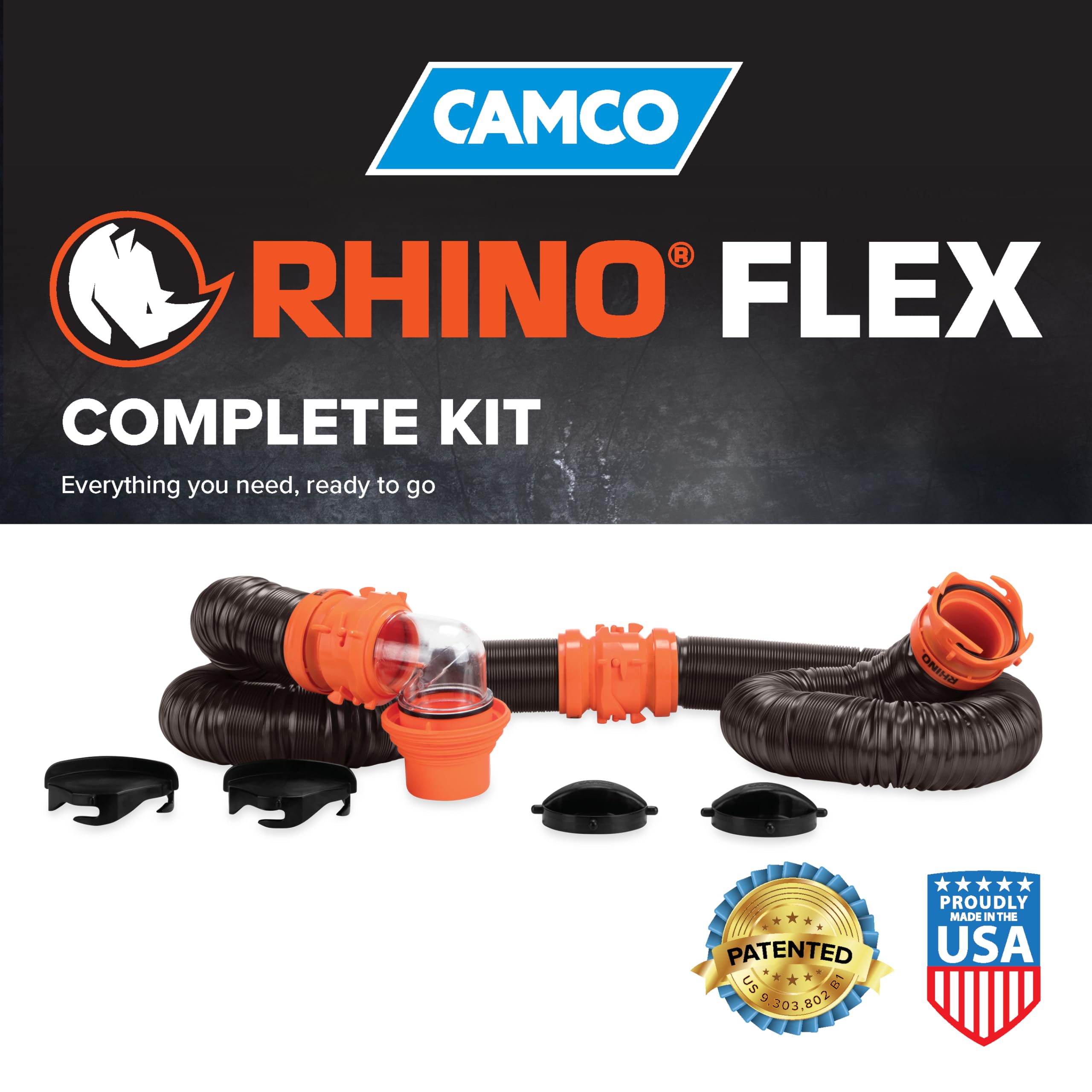 Camco RhinoFLEX 20-Ft Camper/RV Sewer Hose Kit - Features Clear Elbow Fitting w/Removable 4-in-1 Adapter - Connects to 3β Slip or 3β/3.5β/4β NPT Threaded Sewer Connection (39742)