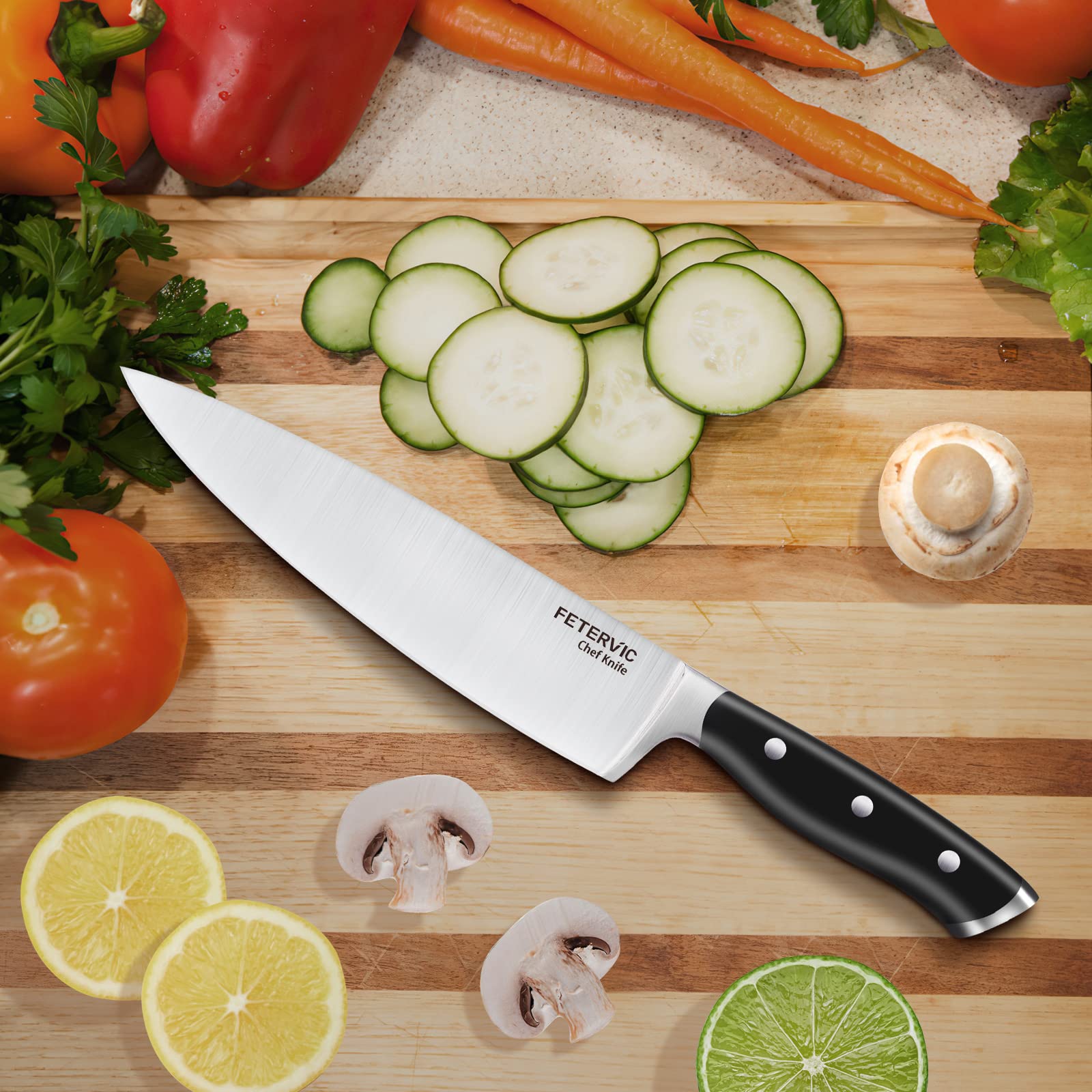 FETERVIC Chef Knife 8 Inch Chef's Knife with Knife Sharpener, German High Carbon Stainless Steel Kitchen Knife with Triple-Rriveted Ergonomic Handle & Gift Box