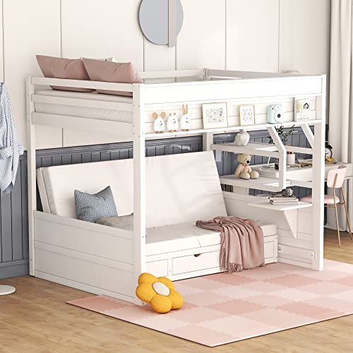 SOFTSEA Full Over Futon/Full Bunk Bed with Storage Staircases, Convertible Couch and Bed with Drawers, Wood Bunk Bed Frame for Kids Teens, No Box Spring Needed (White)