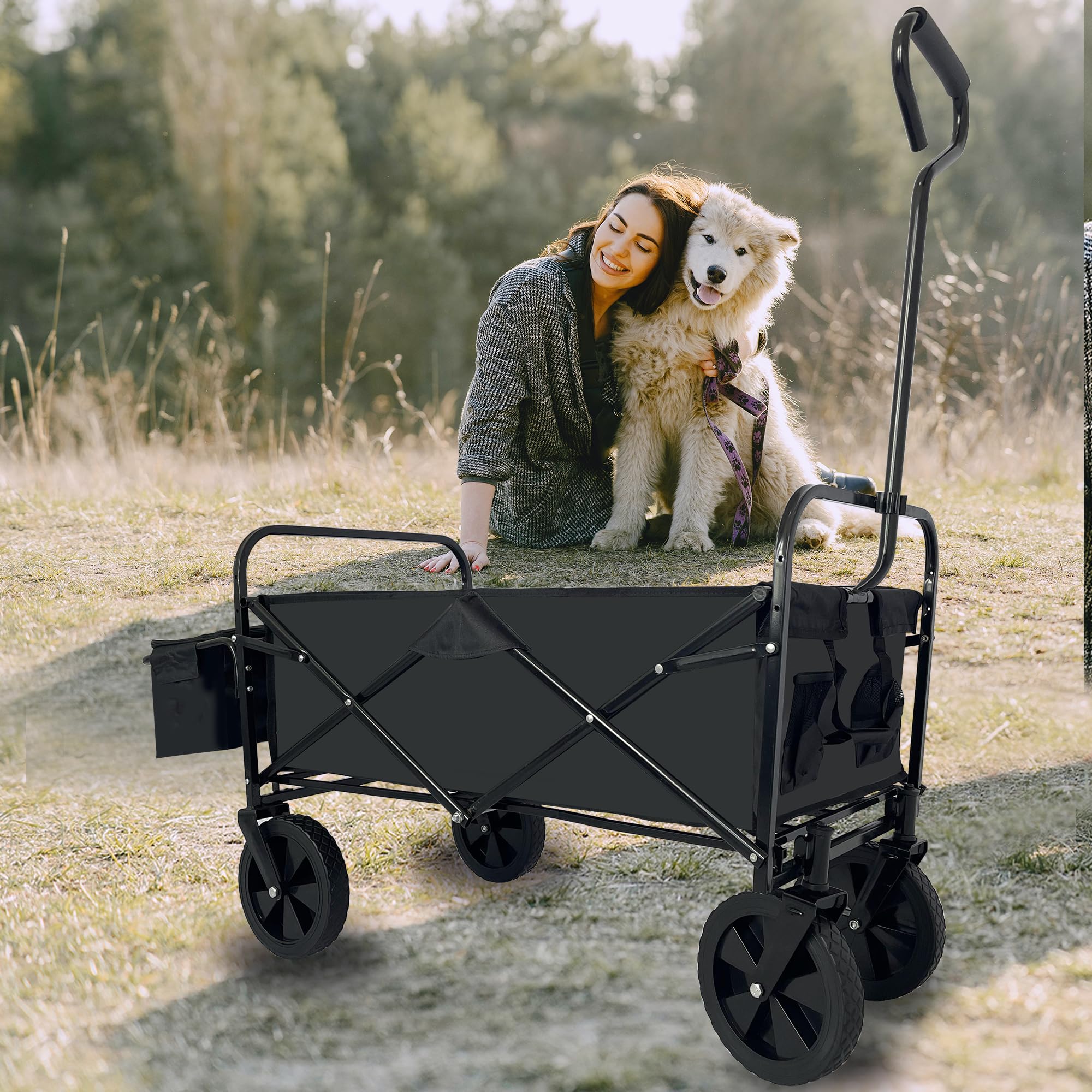 Collapsible Foldable Beach Wagon Carts with 360° Rotating Wheels for All Terrain, Utility Small Heavy Duty Wagon with 270LBS Capacity for Grocery, Sand, Garden, Outdoor, Camping (Antique Black)