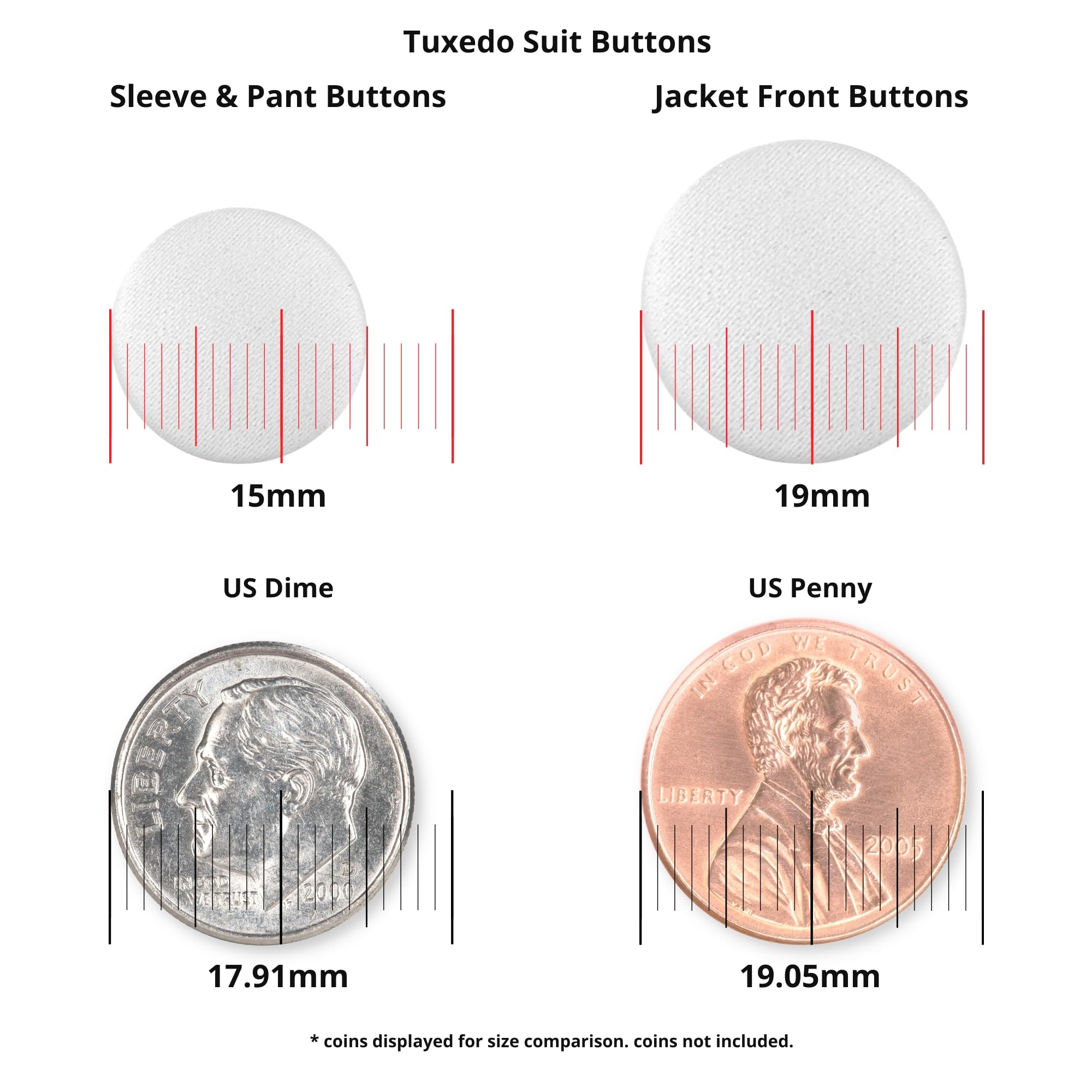 ButtonMode Tuxedo Suit Button 15pc Set (Fits Most Formalwear) includes 4 Jacket Front Buttons (19mm or 3/4 Inch) and 11 Sleeve and Pant Buttons (15mm or 5/8 Inch), Ivory Satin, 15-Buttons