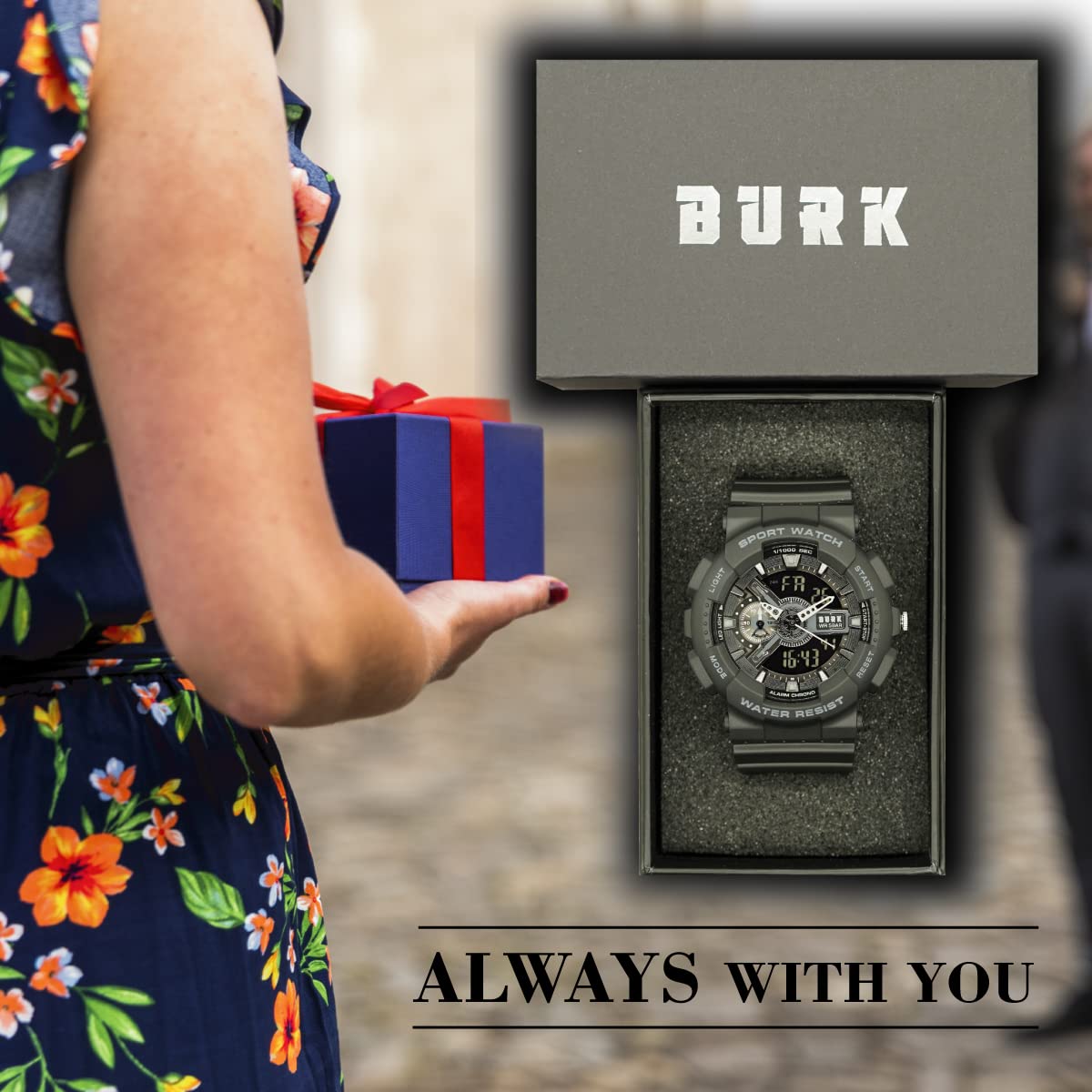 BURK 1688BK Military Wristwatch Men Water Shock Resistant Dual Time Sports Digital LED Display