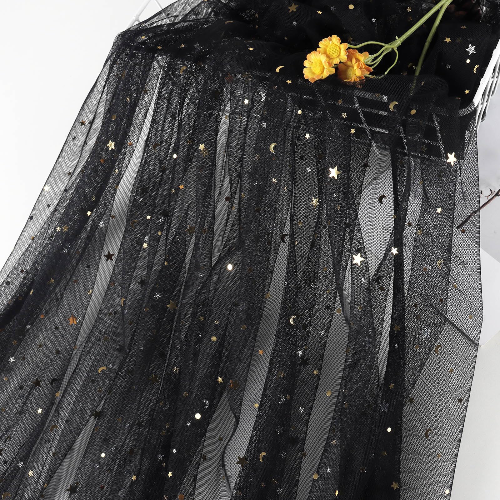 HAVII 59" x 8 Yards Navy Blue Glitter Tulle Rolls Star Moon Sequin Tulle Fabric Bolt for Photography Props Background Tutu Table Skirts DIY Sewing Crafts Wedding Party Decor