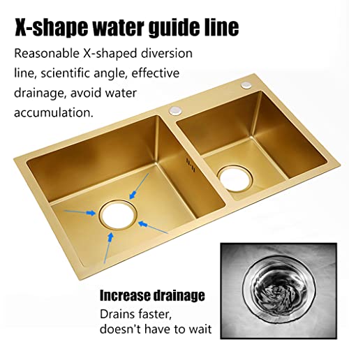 Gold Kitchen Sink, Double Bowl Bar Sink, 304 Stainless Steel Nano-Coated, with Gold Sink Stopper and Drain Strainer, Drop-In or Undermount, 29.5β x15.7β