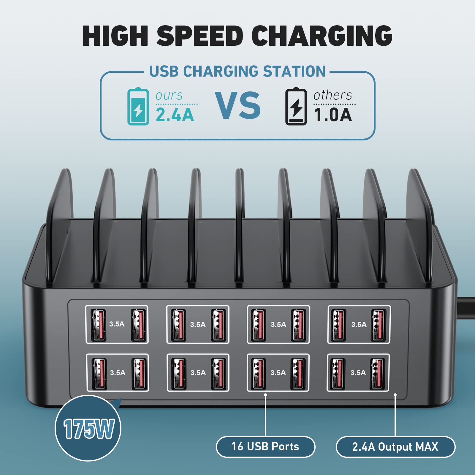 Charging Station for Multiple Devices, 16 Ports Fast Charging Station, 175W 35A Multi USB Charger Station,Travel USB Charging Station for Multiple Devices,Charging Dock