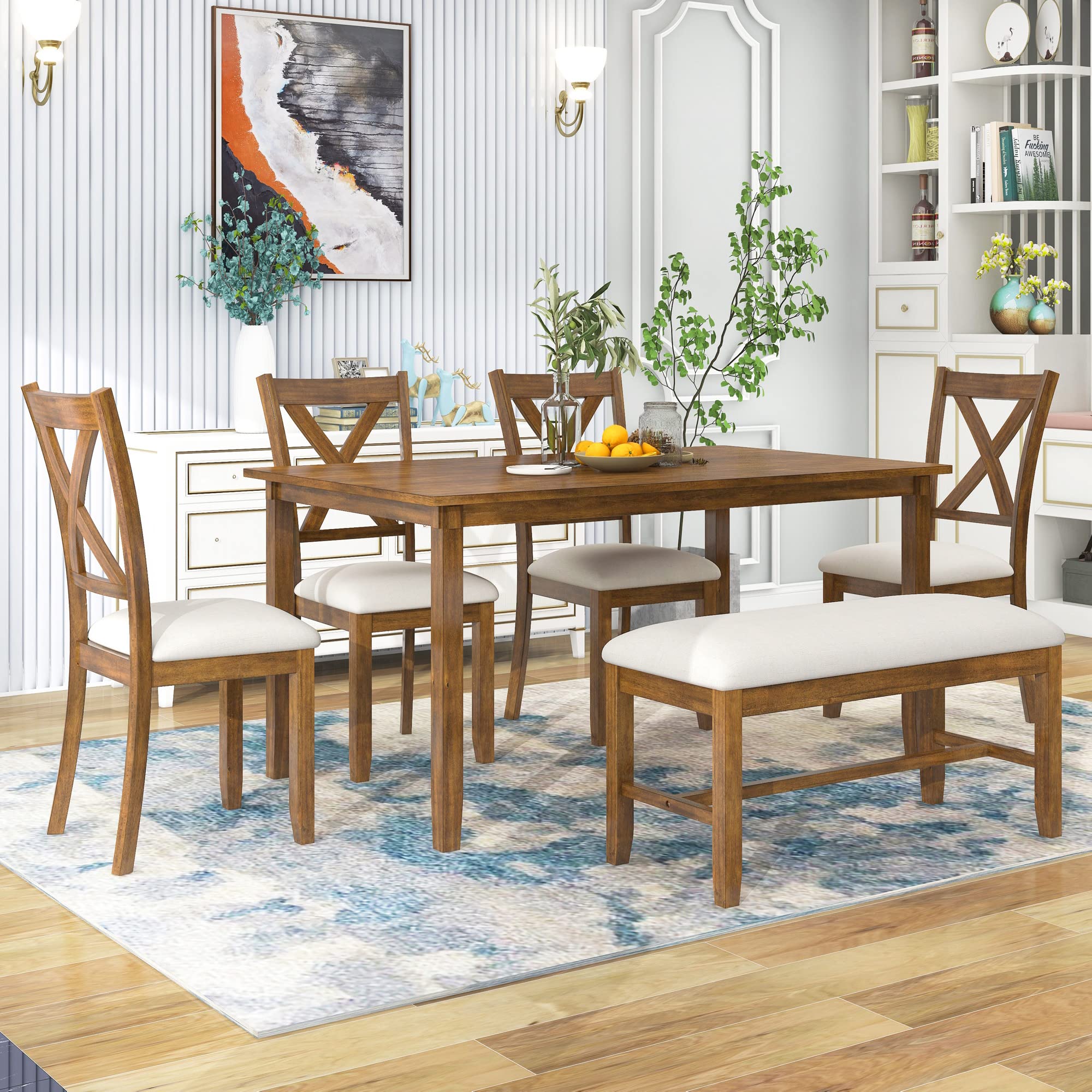 Cutimrke 5-Piece Faux Marble Kitchen, Furniture 4 Nested Nails Decor, Table/Chairs Set for Dining Room, Cushion, White/Beige + Black