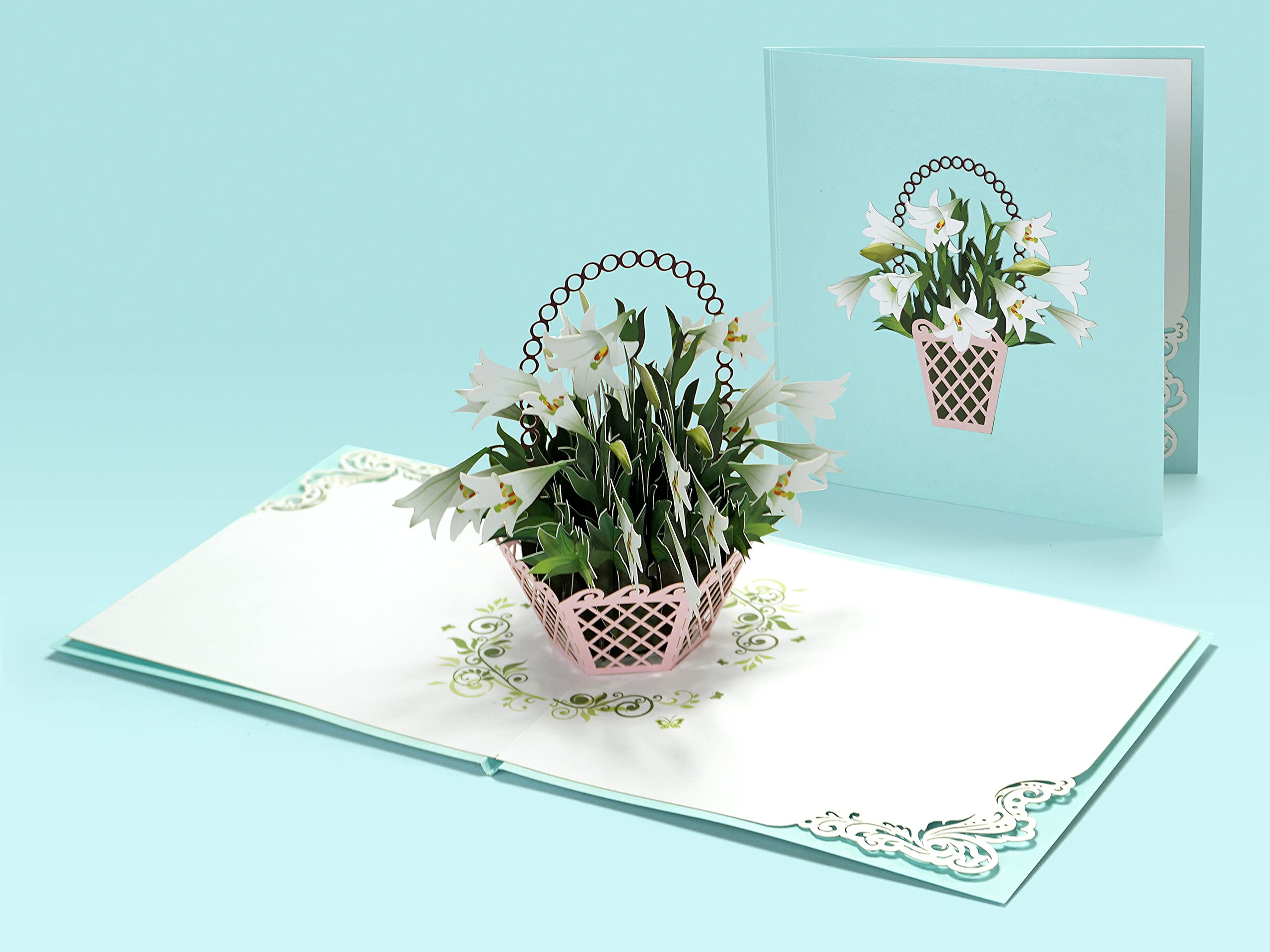 CUTPOPUP Birthday Card Pop Up, Mother's Day, 3D Greeting, Thank You Card (White Lily Flowers Basket)
