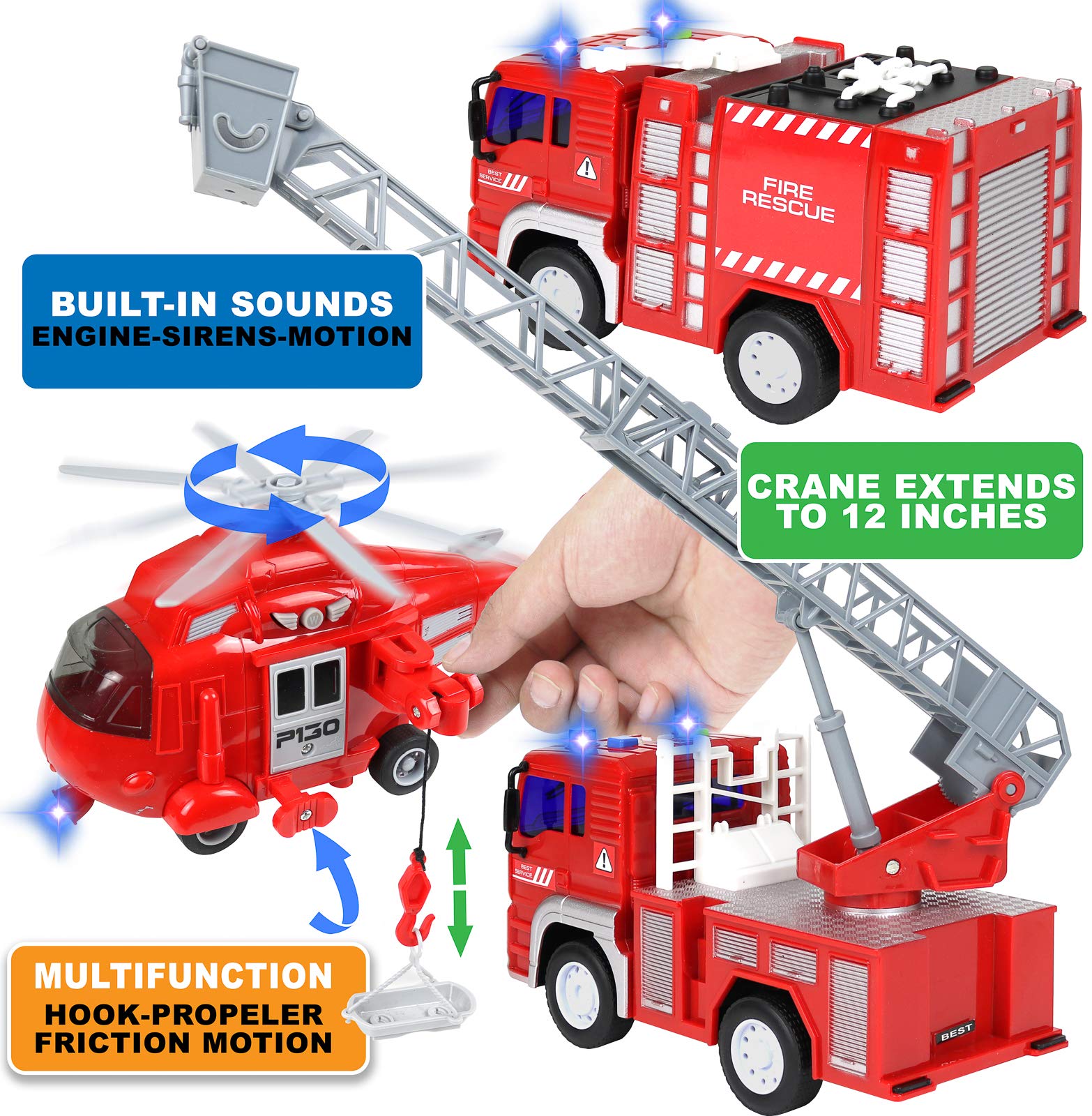 TeganPlay Fire Truck 3 Pack Friction Powered Fire Rescue Vehicle Car Set with Lights and Sounds Including Helicopter, Firefighter and Fire Engine Toys for Boys Toddlers