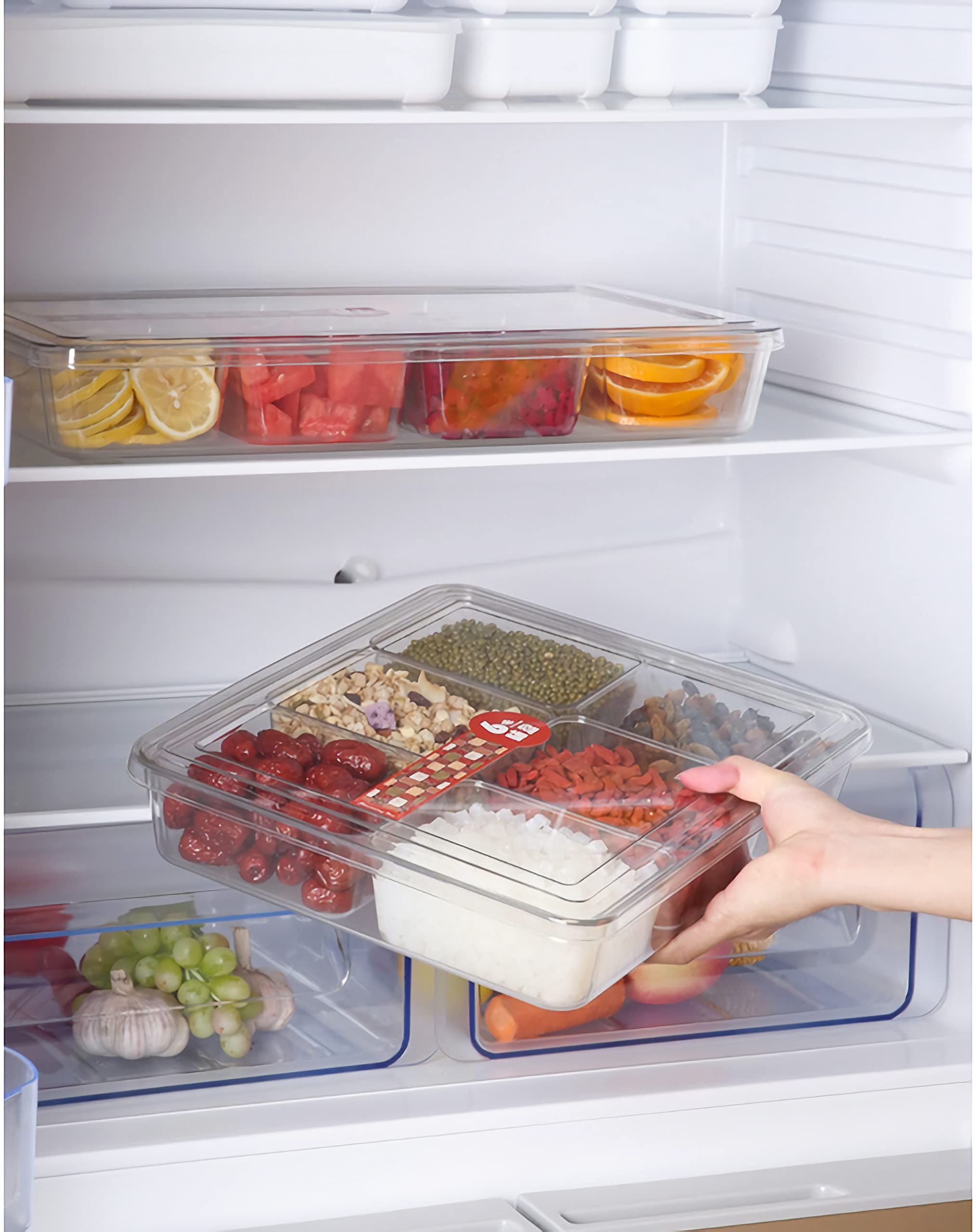 Divided Veggie Tray with Lid, 8 Compartment Vegetable Storage Square Appetizer Relish Serving Platter, Food Fruit Snack Containers with 8 Spoons for Refrigerator Organizer Bins