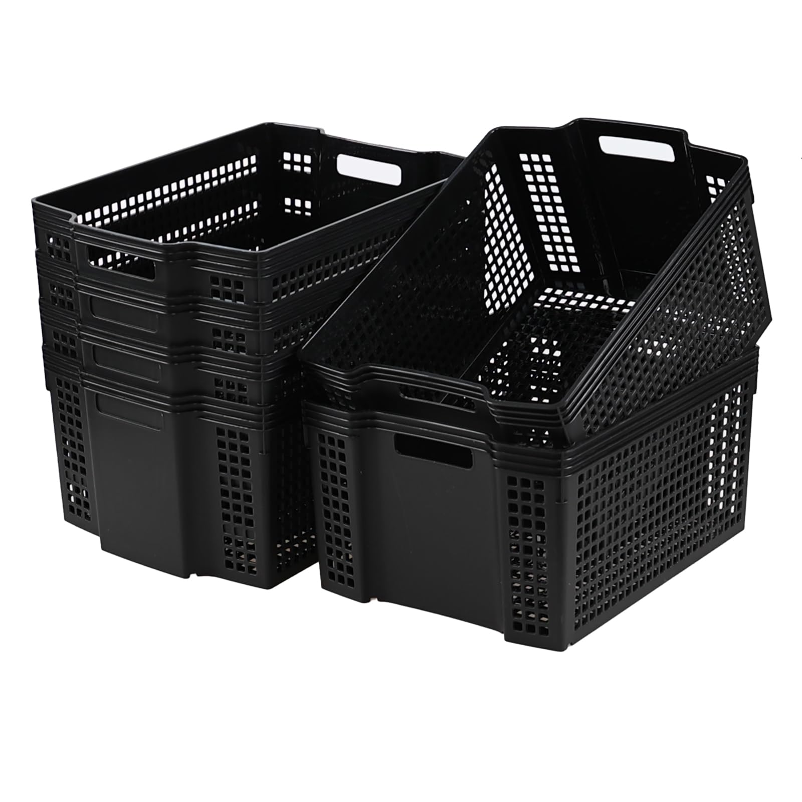 Eagrye Set of 12 Black Plastic Storage Basket for Pantry Organizing, Plastic Stackable Storage Basket for Shelf
