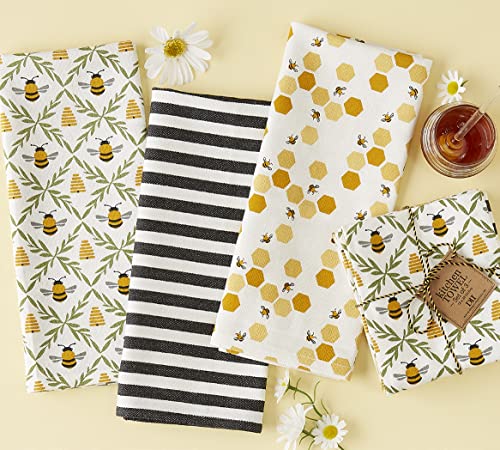 Design Imports DII Little Bees Bee Themed Dish Towels, Set of 3 Yellow Black White Green