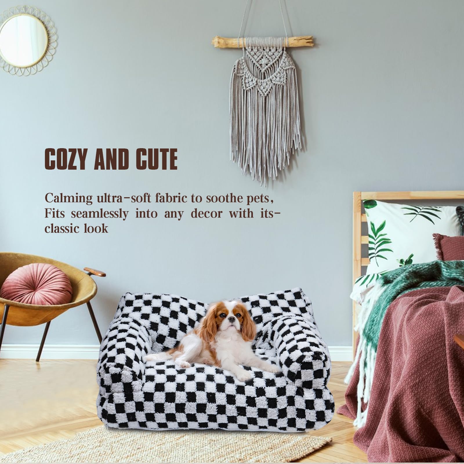 FORMYCATIE Pet Couch Bed, Washable Cat Beds for Medium Small Dogs & Cats up to 25 lbs, Soft Calming Cat Sofa Beds for Indoor Cats Anti-Slip Bottom,Fluffy Cat Couch (White)