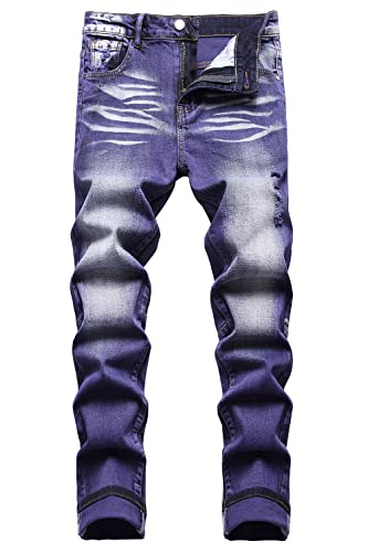 Men's Ripped Distressed Destroyed Straight Slim Fit Denim Jeans,705 Purple,Size 32