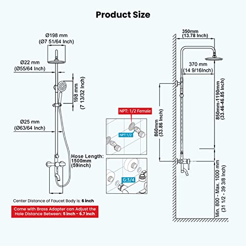 gotonovo Shower faucet Set Matte Black Triple Function with Adjustable Hand Sprayer and Tub Spout SUS 304 Stainless Steel 8 Inch Rainfall Shower Head Bathroom Shower Fixture Wall Mount Complete Set