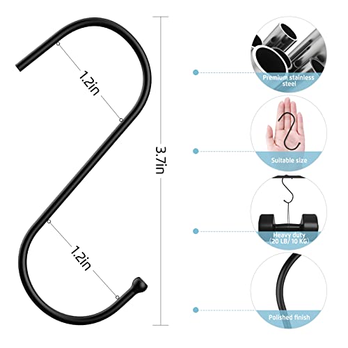 RELBRO 30 Pack 3.7 Inch Black S Shaped Heavy Duty Metal Closet Hooks for Hanging Pots Pans Cups Utensils Pants Clothes Plants Bags Towels