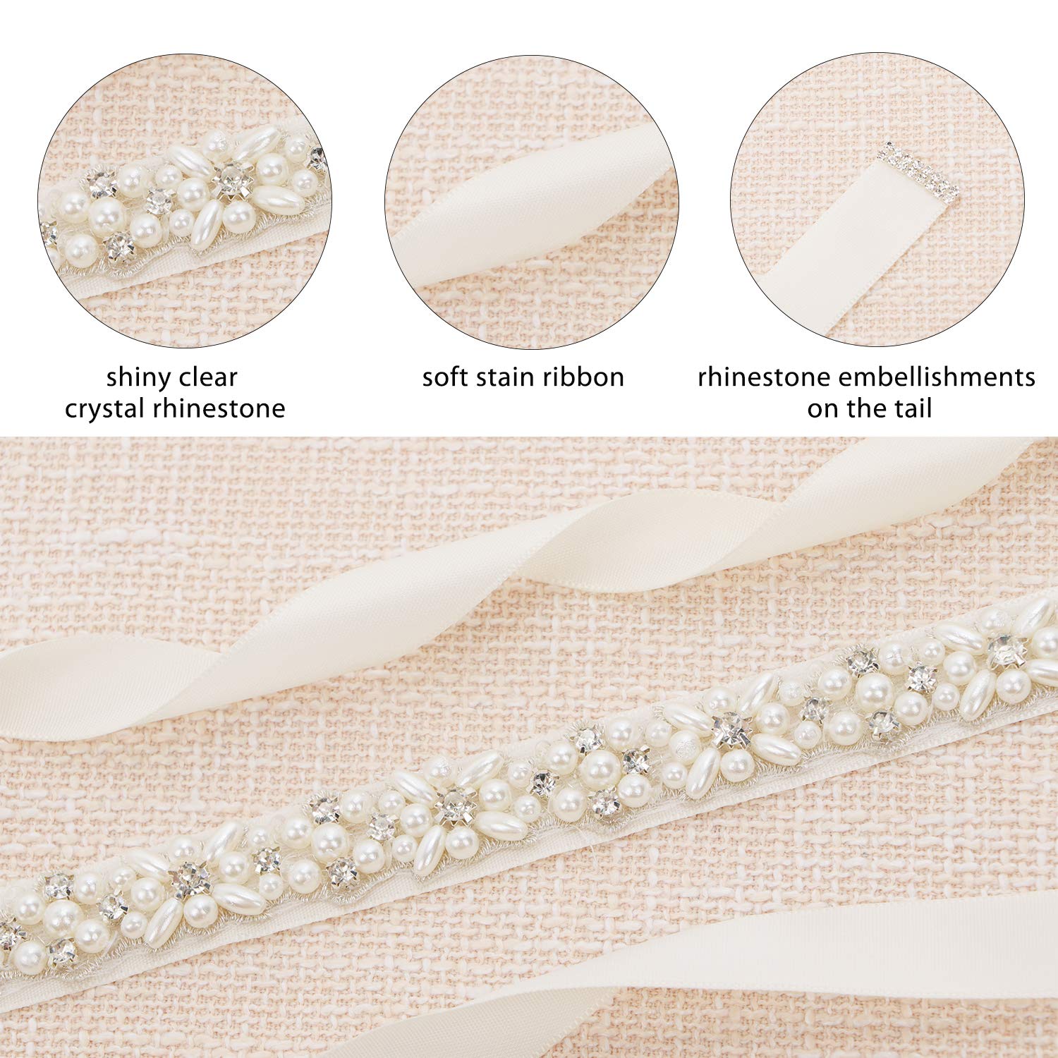 Tendaisy Women's Rhinestone Belts with Pearls Crystal Birdal Sashes for Wedding Gowns Ivory