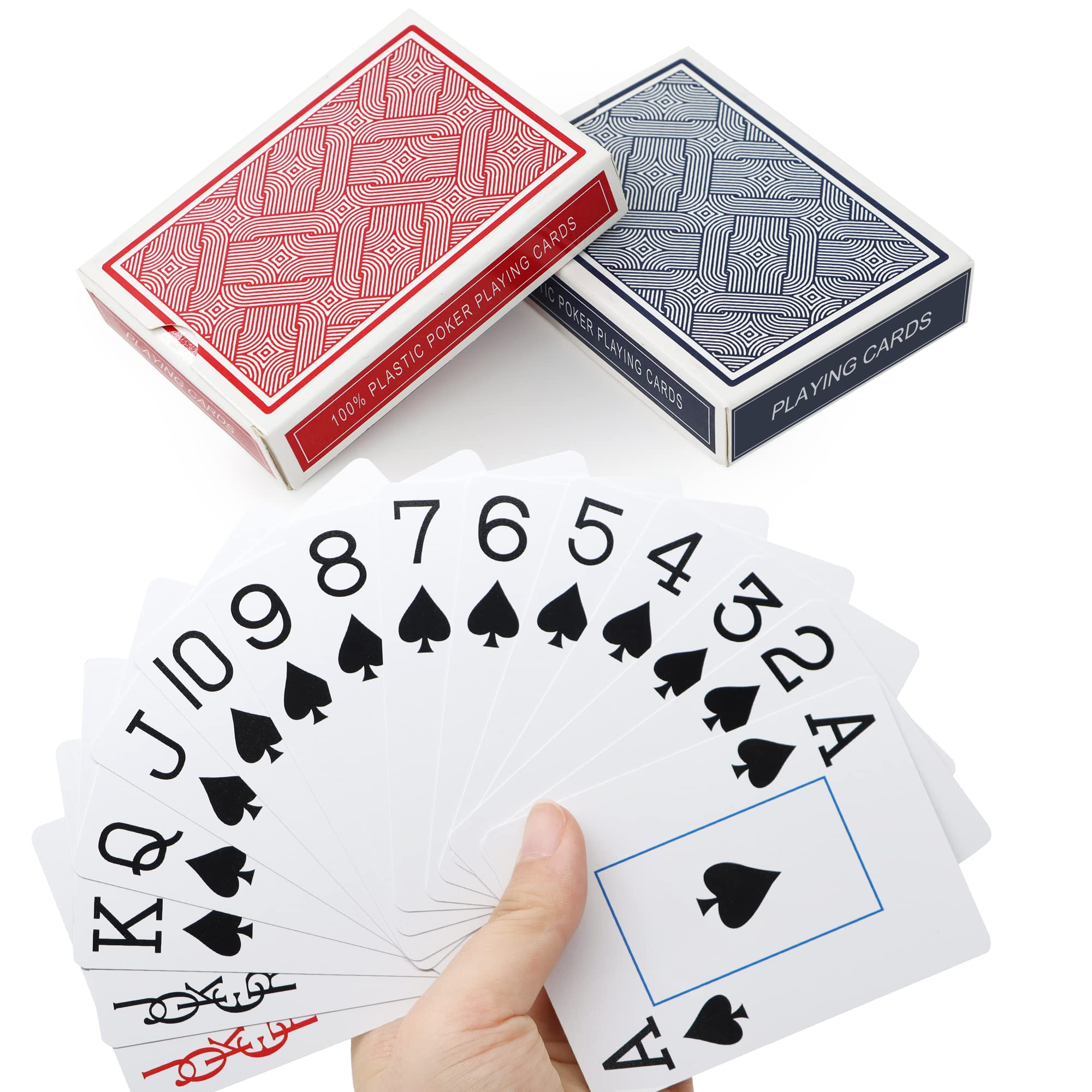 Neasyth Waterproof Plastic Playing Cards,large print playing cards,Jumbo Index, for Texas Hold'em, Blackjack, Pinochle, Euchre, for Pool Beach Water Games(1 PCS Blue+1 PCS RED)