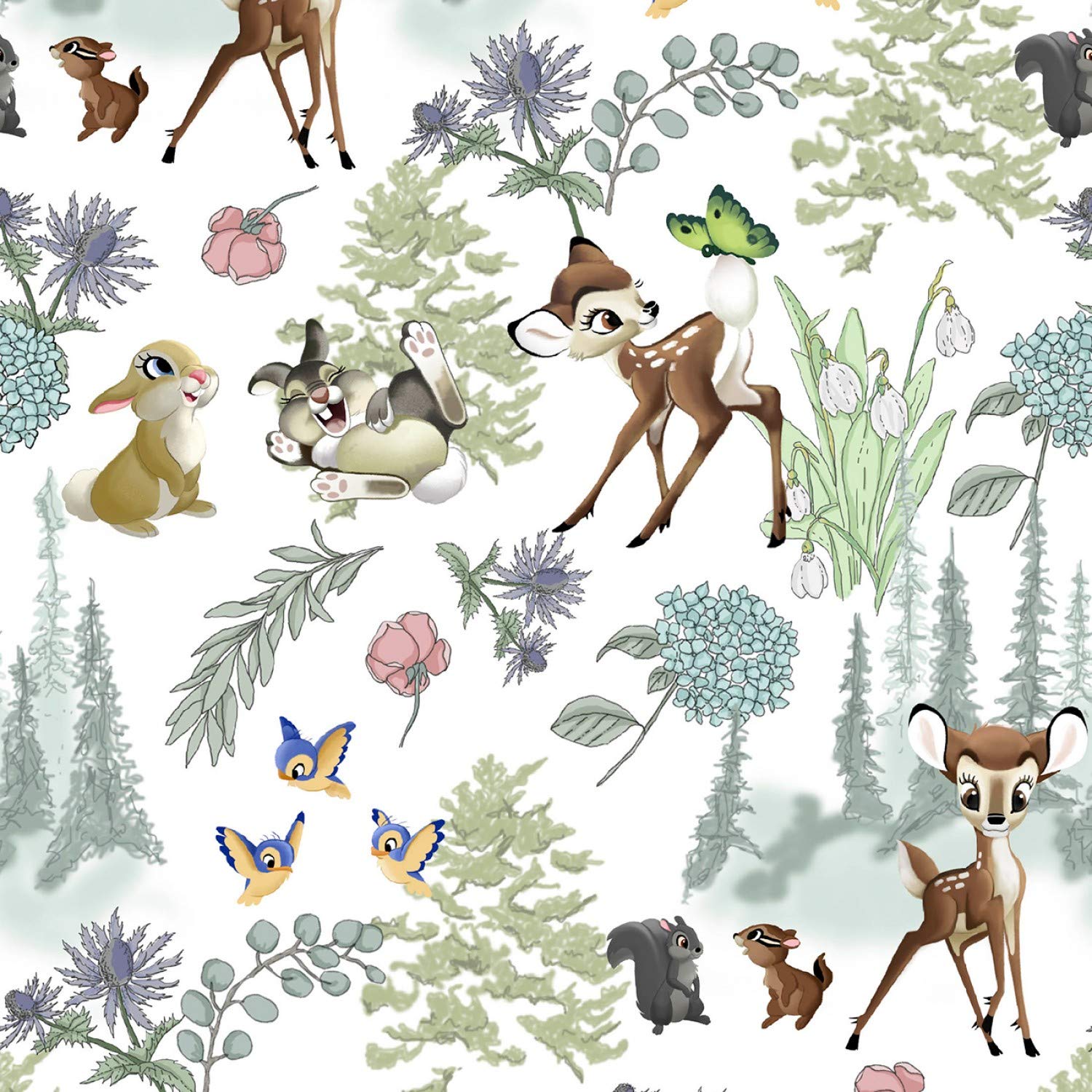 Springs Creative Disney Bambi & Friends White Premium Quality 100% Cotton Fabric by 1/2 of a Yard.