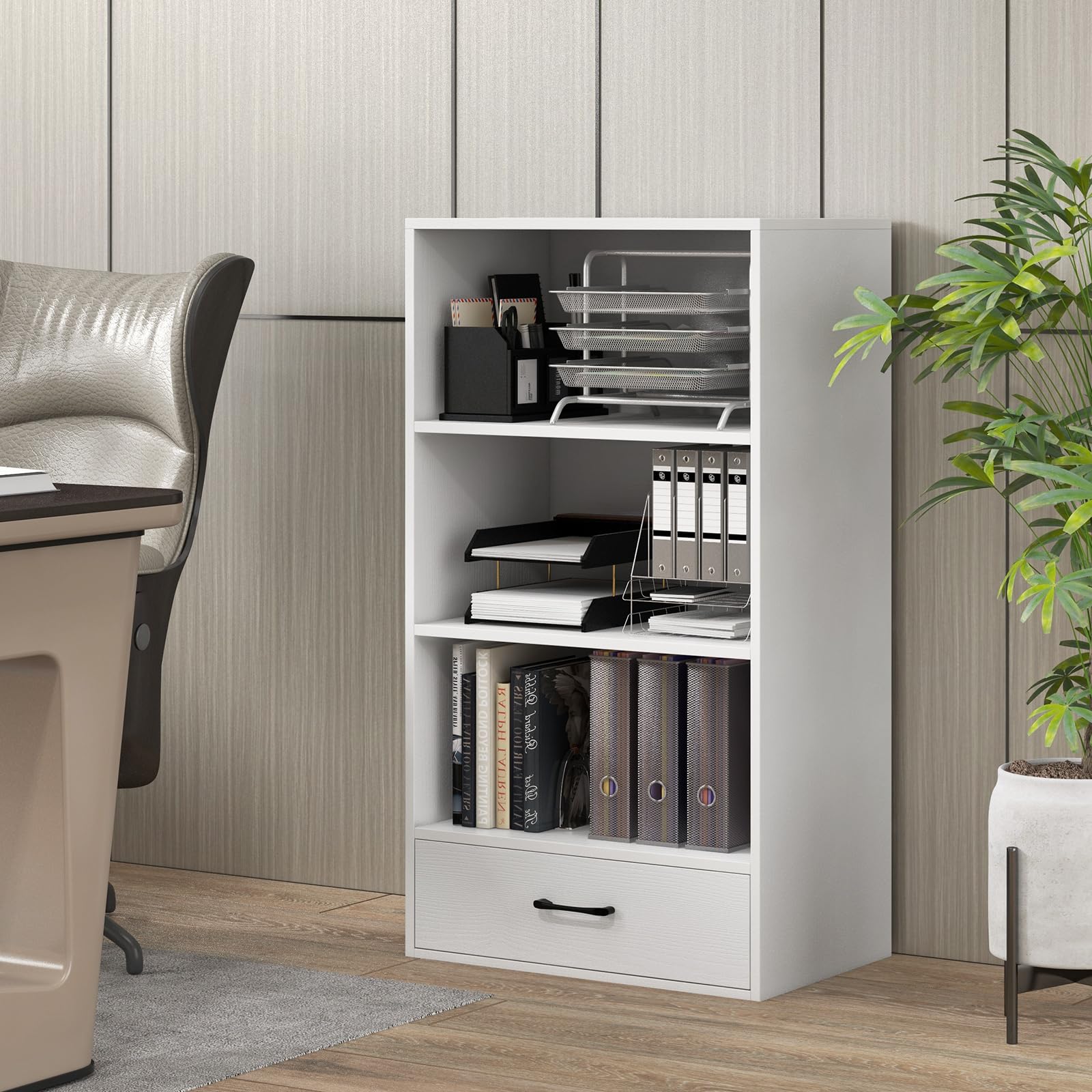 IFANNY 3 Shelf Bookcase with Drawer, Wood Bookshelves and Bookcases, Cube Bookcase Shelf, Small Bookshelf with Storage for Small Spaces, White Book Shelf for Bedroom, Living Room, Home Office