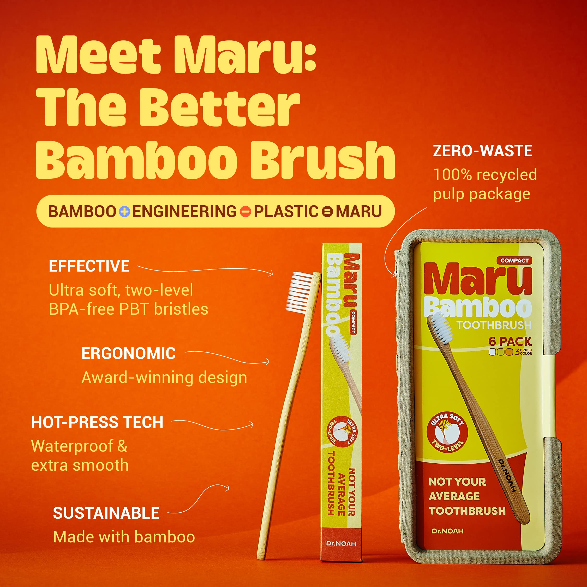 Dr.NOAH Ceramic Toothbrush Holder (2 Pack) & Maru Bamboo Toothbrush, Compact (6 Pack) | Diatomite Fast Drying Toothbrush Holders for Bamboo Toothbrushes