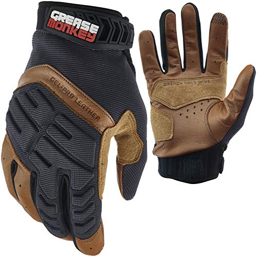 Grease Monkey Gel-PRO Leather Hybrid Mechanic Gloves, Leather Palm Work Gloves with Gel Impact Protection & Touchscreen Capability, Large Brown