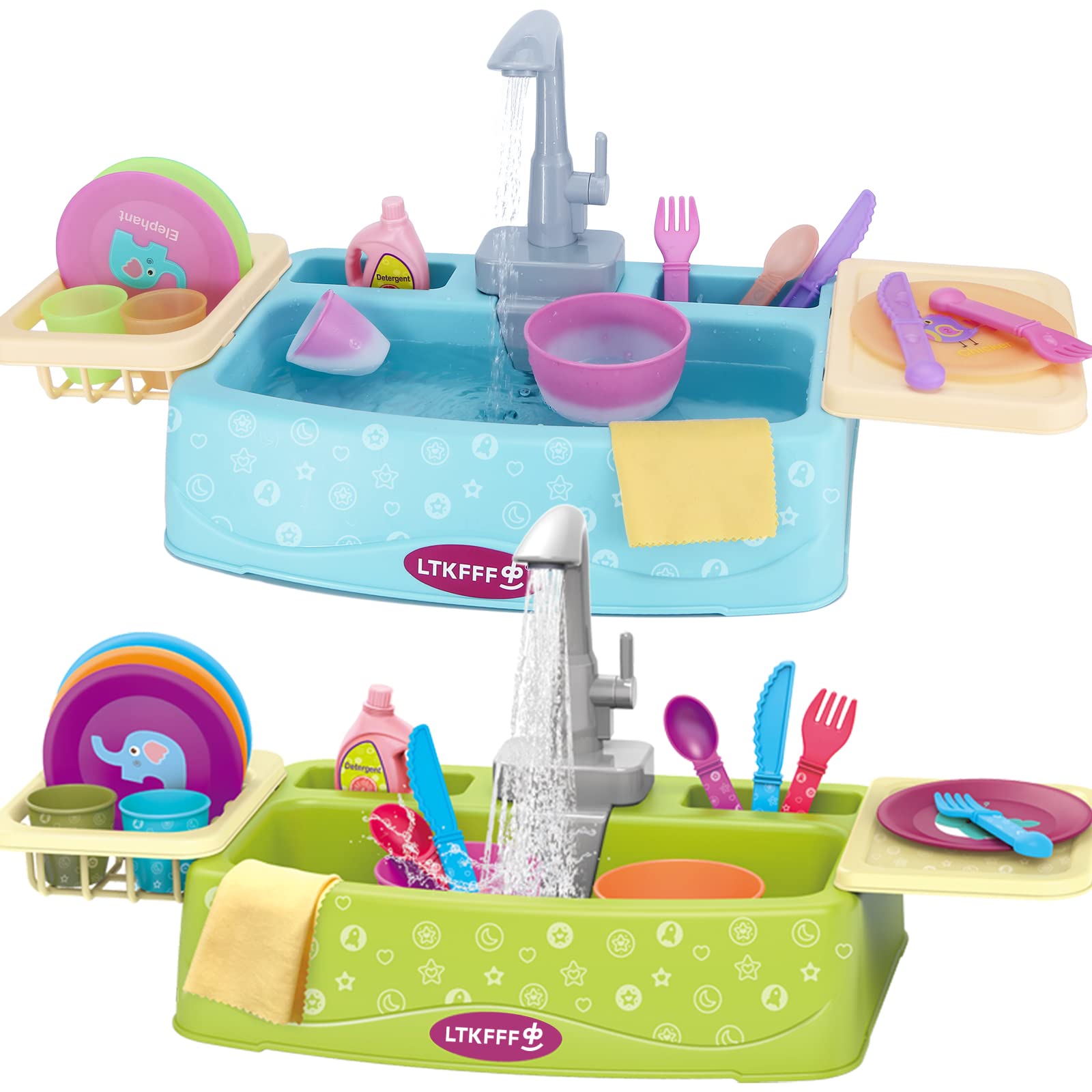 Color Changing Pretend Play Kitchen Sink with Running Water for Toddlers 1-3, Kid Role Play Electric Dishwasher with Working Faucet Cleaning Set Gifts for Boy Girls for Water Play