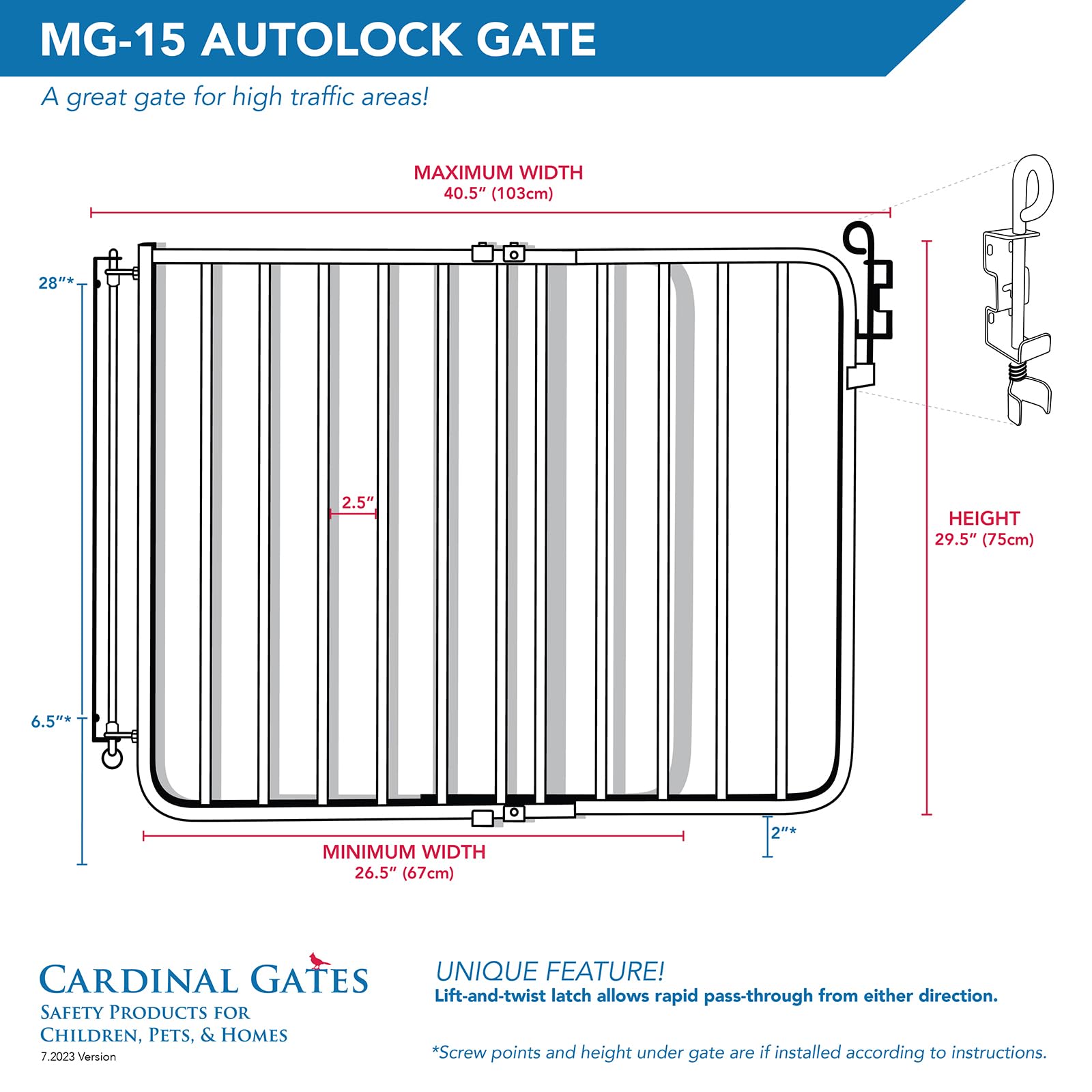 Cardinal Gates MG15 Auto-Lock Baby Gate - Adjustable Indoor Dog Gate - Aluminum Safety Gate for Kids & Pets - 26.5 to 40.5 Inches Wide - White
