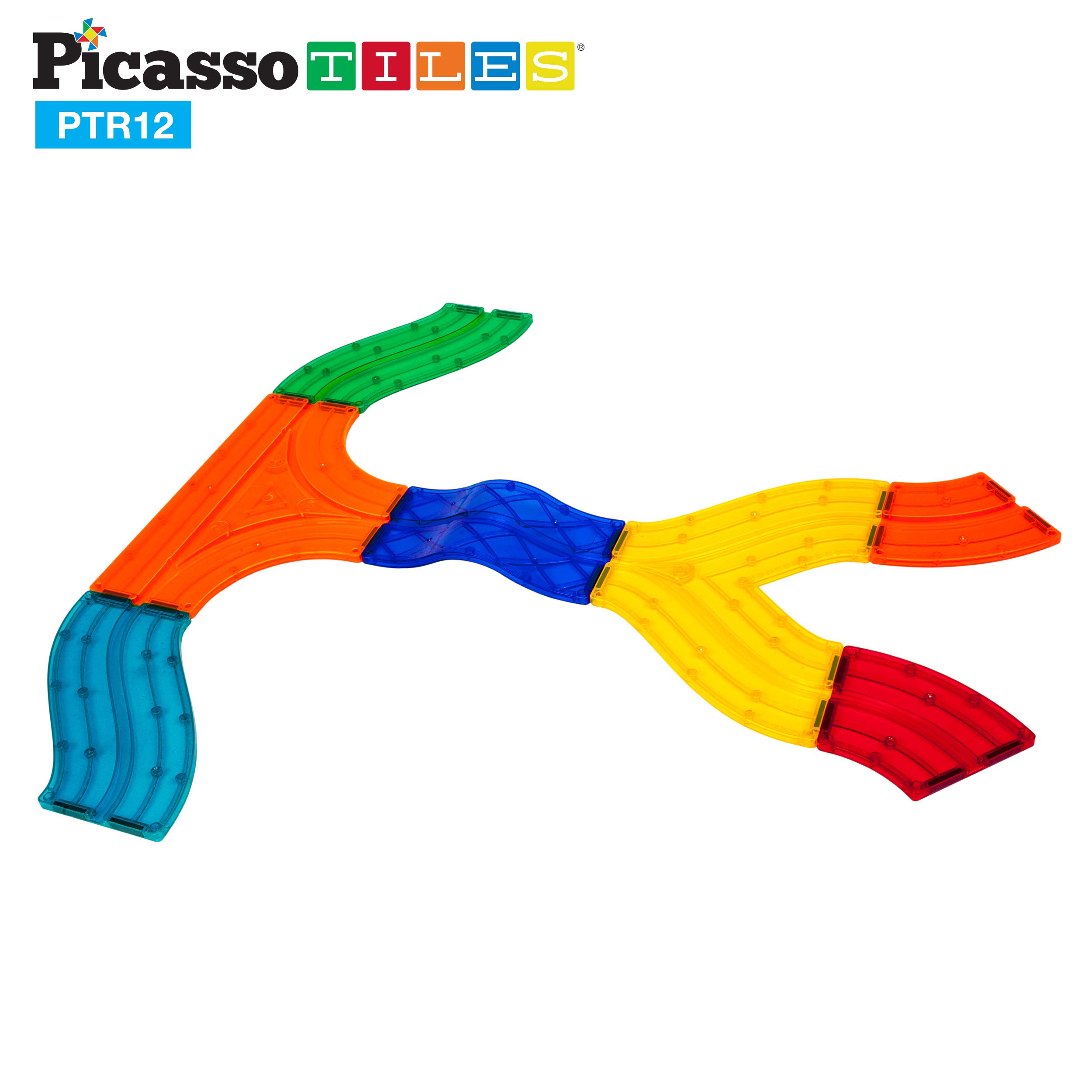 PicassoTiles 12 Piece Race Track Add-On Magnetic Building Block Set Magnet Tiles Construction Toy STEM Learning Kit Early Education Kids Toys Playset Pretend Play Blocks Child Brain Development PTR12
