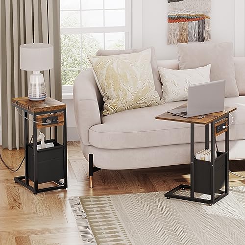 HOOBRO C Shaped Side Table with Charging Station, Foldable End Table with Fabric Bag, Sofa Couch Table Coffee Table Snack Table for Small Space Living Room, Bedroom, Rustic Brown and Black BF30USF01