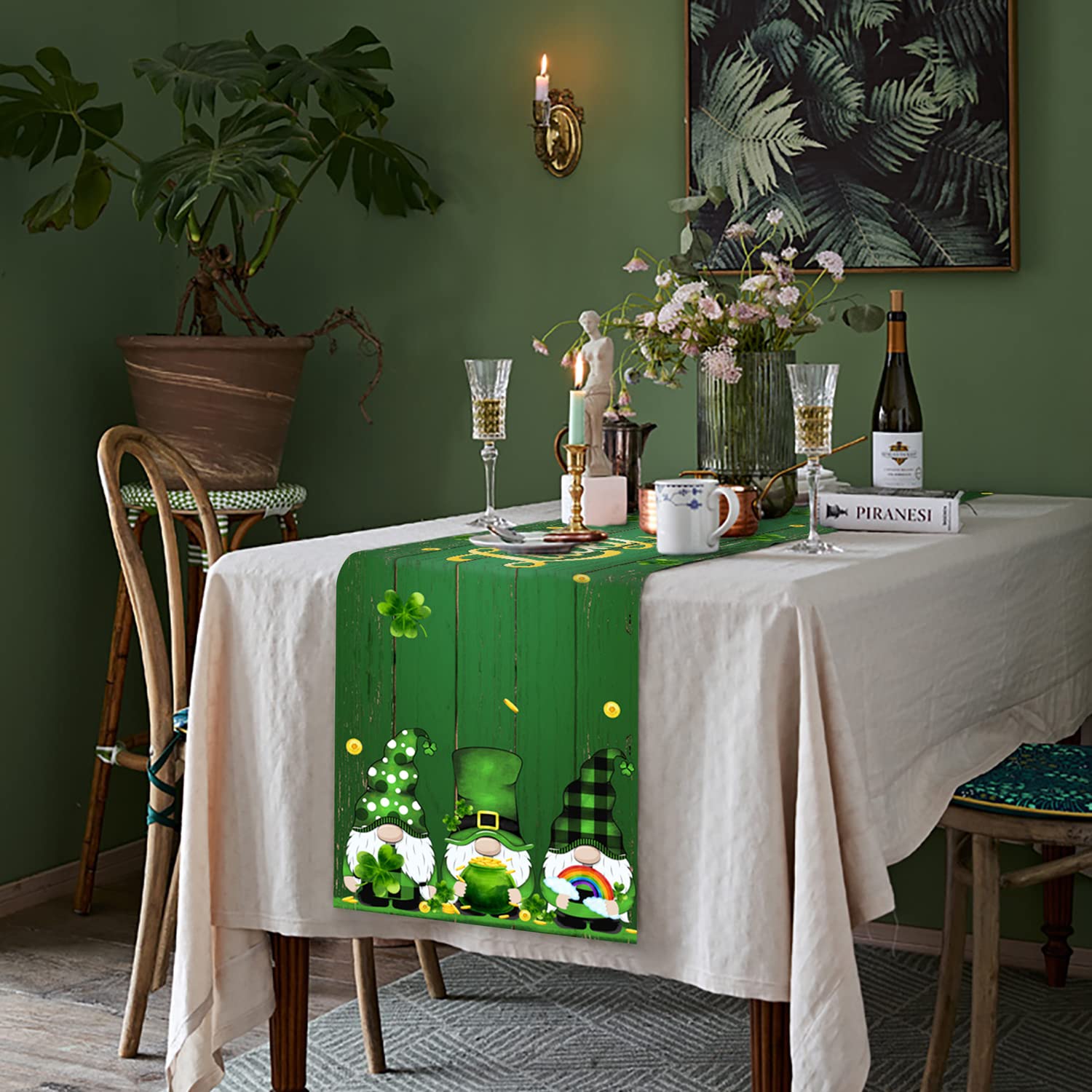 Flyart St Patricks Day Table Runner, Spring Green Gnome Shamrock Decor Table Runners for Kitchen Dining Coffee Home Wedding Parties, Holiday Burlap Table Runners for St Patrick Decor (13x36 inch)