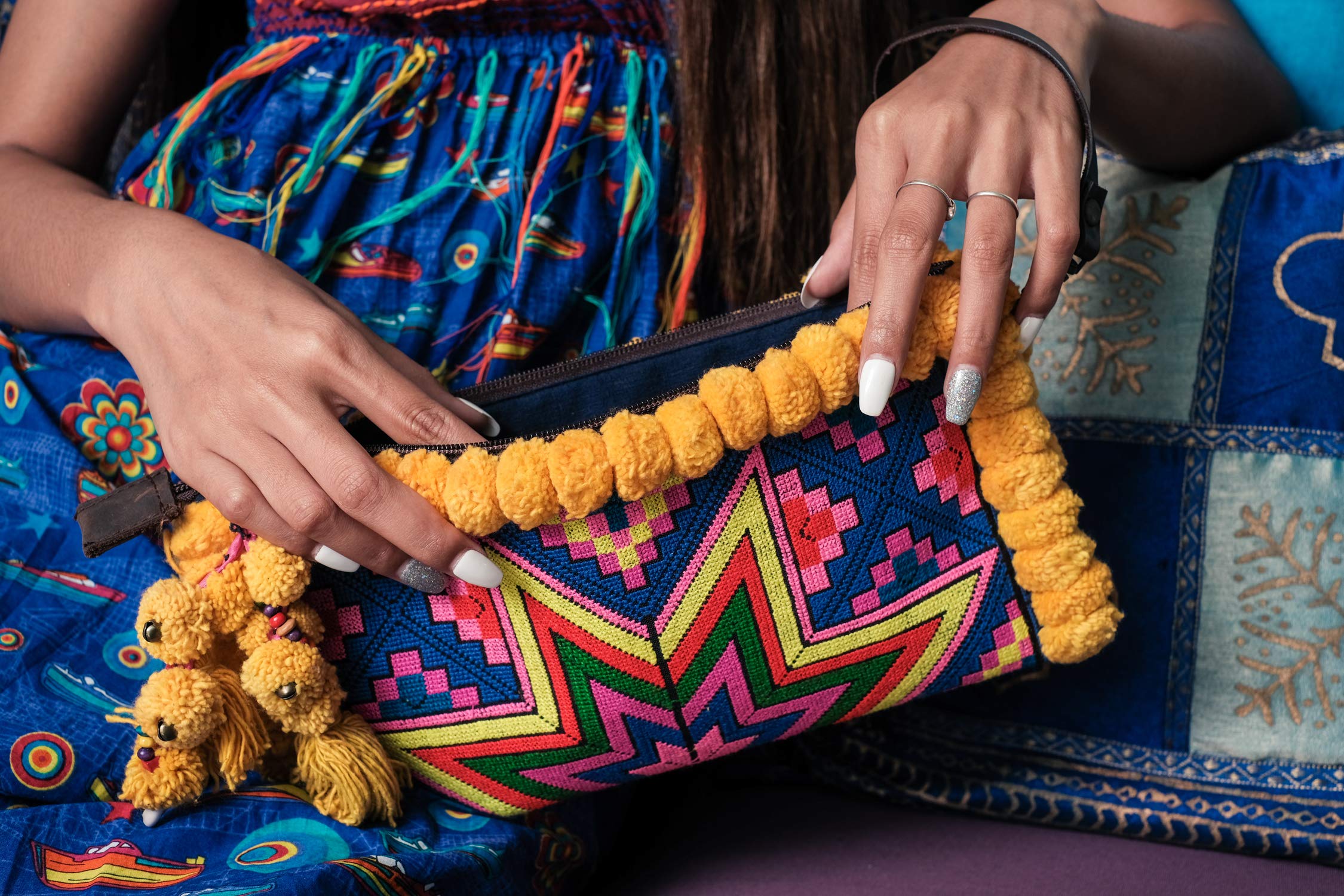 Yellow Pom Pom Clutch Bag with Embroidered Hmong Tribes Star Pattern