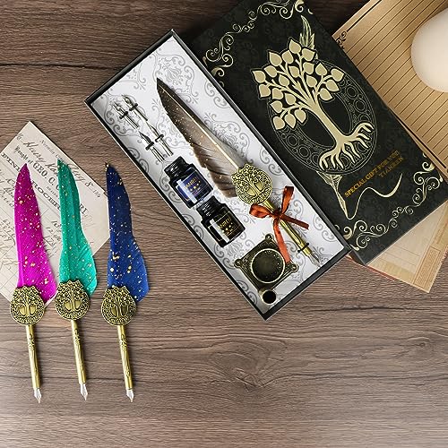 TIANREN Feather Pen and Ink Set,quill pen ink set,Antique Calligraphy Pen with 4 Replaceable Nibs,2 Bottle of ink,Pen Holder Christmas Gift for Men&Women.(Gray)