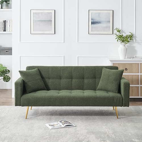 Eafurn Teddy Fleece Upholstered Folding Futon Sofa Bed Convertible Sleeper Couch with 3 Adjustable Backrest, Recliner Loveseat Lounge Sofabed Daybed with Golden Metal Legs for Living Room Office