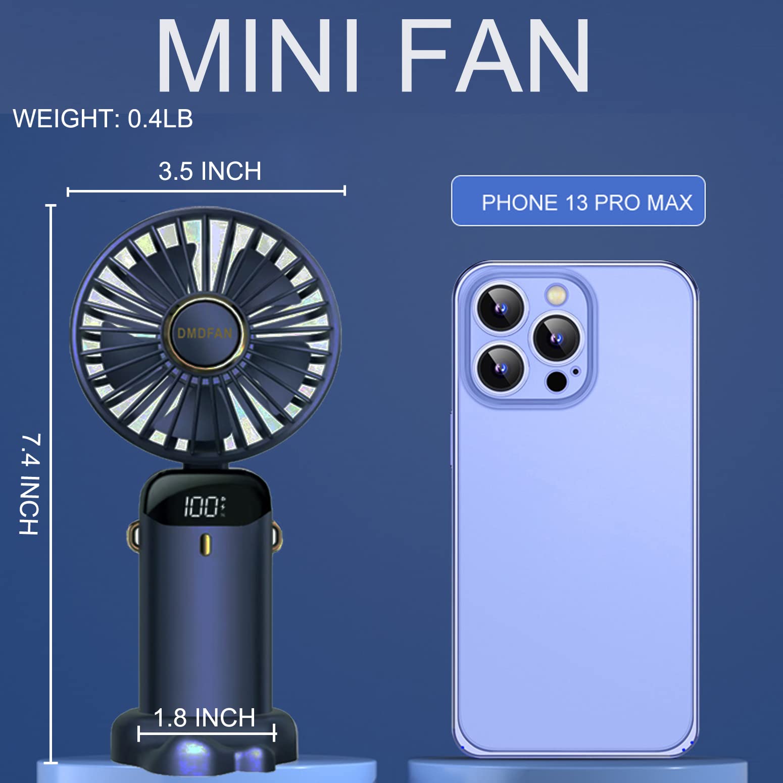 DMDFAN Mini Handheld Fan, Portable Personal Fan Hanging Neck Fan 90° Adjustable USB Rechargeable 5000mAh Small Desk Fan 5 Speed for Home Office Travel (5000mAh, Navy Blue)