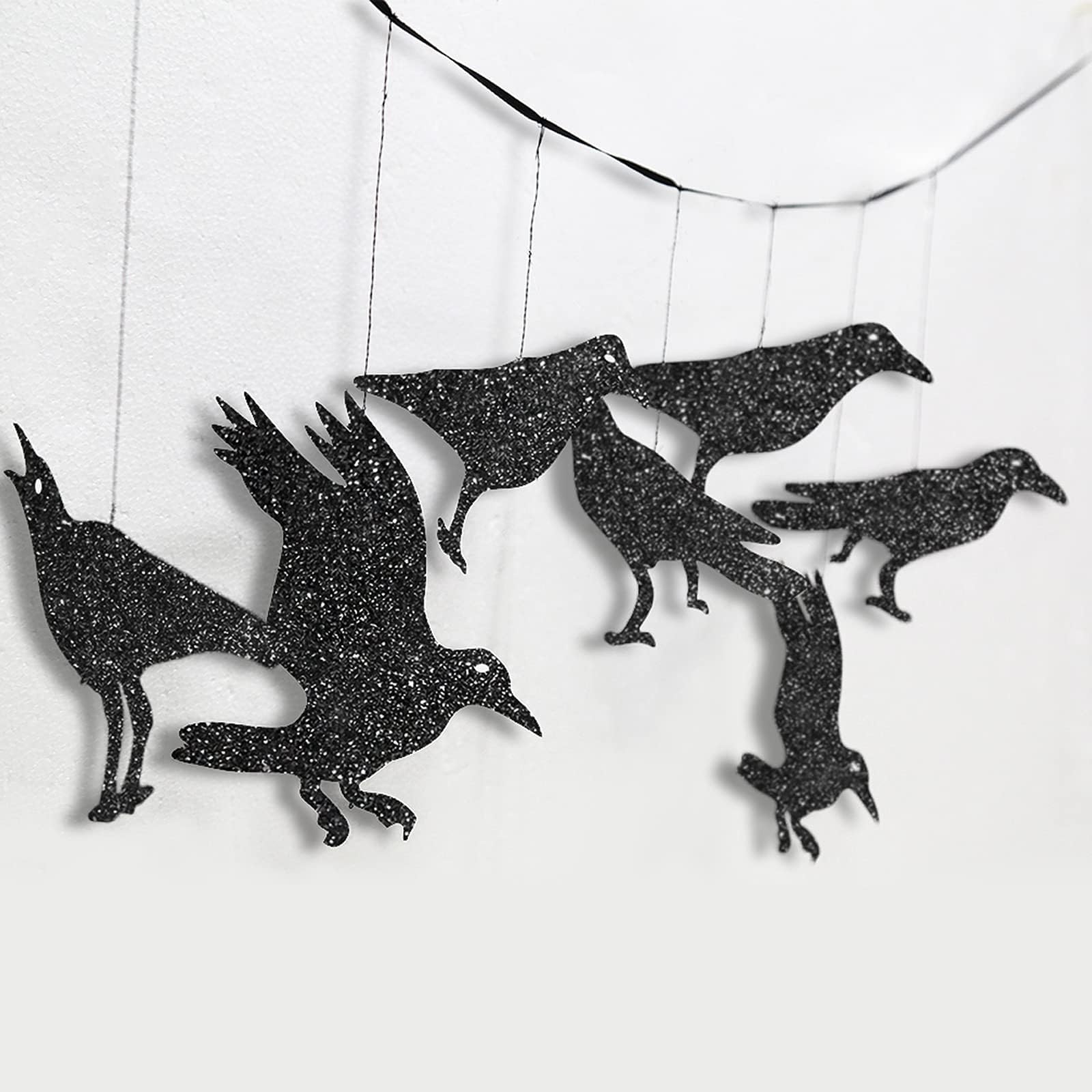 Cheerland Glitter Black Crow Cage Decorations for Gothic Halloween Stickers Decals Tree Hanging Decorations Raven Bird and Cage Banner Garland Backdrop for Horror Theme Birthday Party Supplies