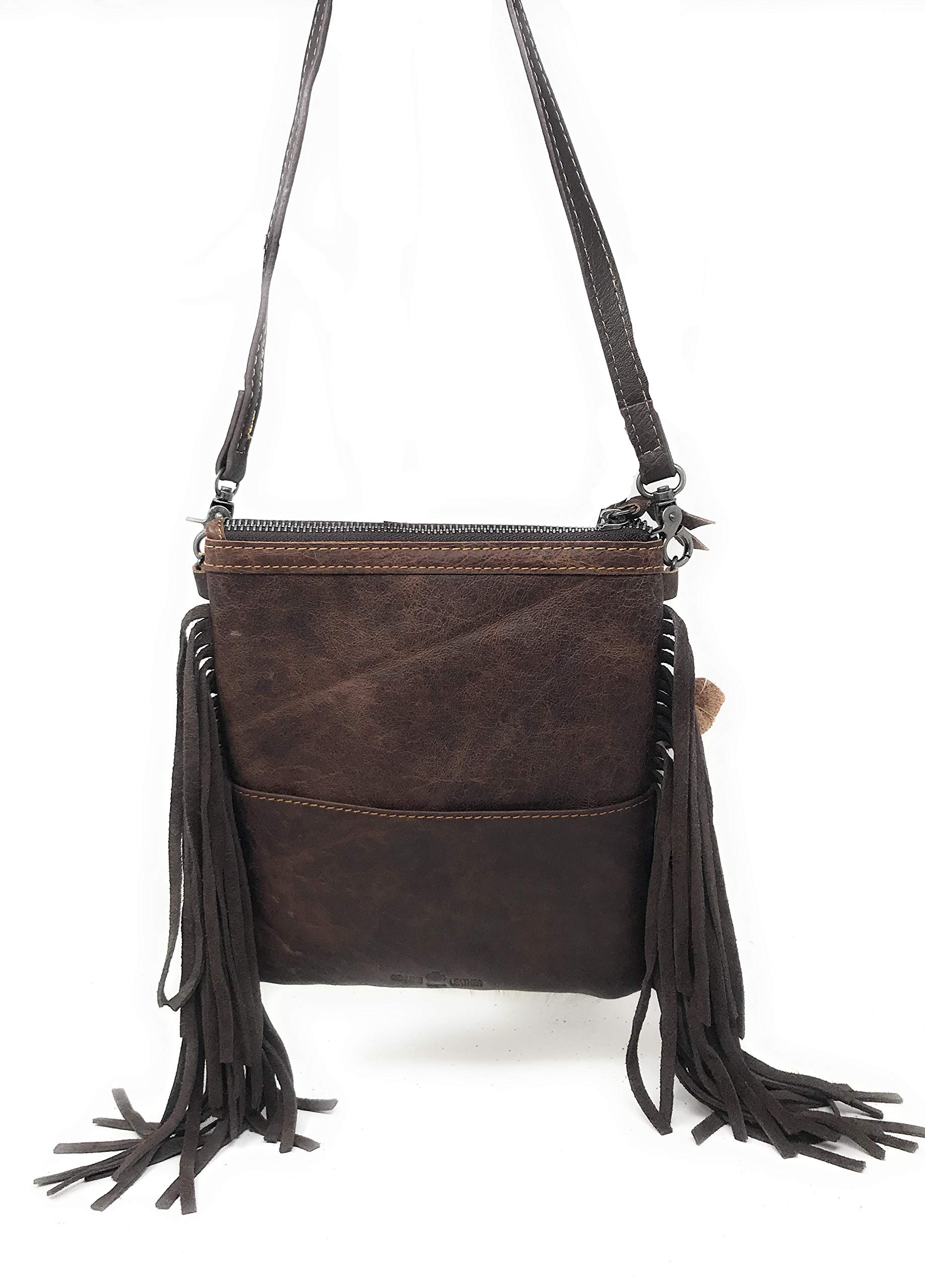 Texas West Western Genuine Leather Cowhide Fur Fringe Women's Medium Size Crossbody Bag in 3 Colors (Coffee)