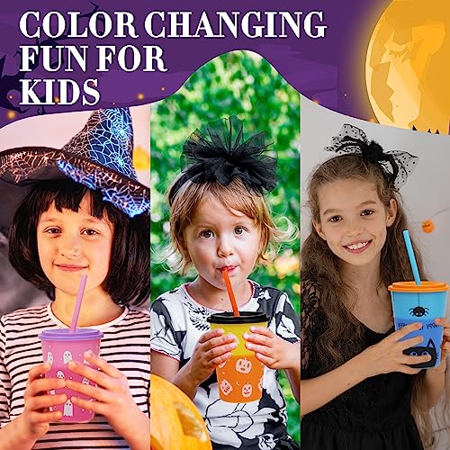 QTOP Halloween Party Color Changing Cups With Lids And Straws,6 Pack 13oz Plastic Tumblers With Lids And Straws Bulk,Reusable Halloween Cups For Party Favors