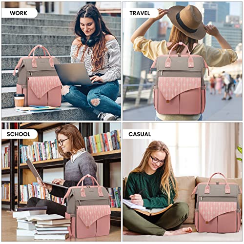 LOVEVOOK Laptop Backpack Purse for Women, 17 Inch Computer Business Stylish Backpacks, Teacher Doctor Nurse Bags for Work, Casual Daypack Backpack with USB Port, 2 Sets, Grey-pink