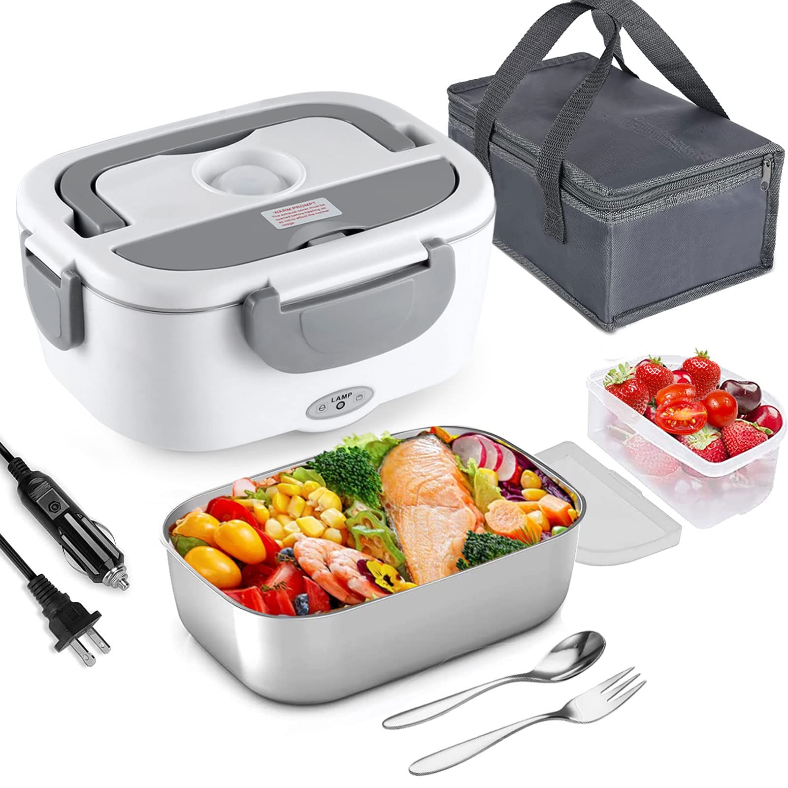 Couvkadl Electric Lunch Box Food Warmer, Heated Lunch Box for Men Women Adults, Heating Lunch Boxes Car Food Heater with 1.5L Removable 304 Stainless Steel Container, Leak Proof (White)