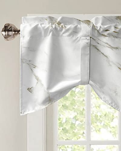 Tie Up Valance for Kitchen Windows,Abstract White Marble Gold Inlay Adjustable Valances Rod Pocket Short Curtain,Modern Simple Geometric Tie Up Curtains Valance for Bedroom Bathroom 60x18in