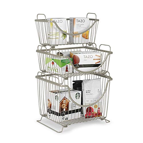 Spectrum Diversified Ashley Stackable Tray, Wire Basket with Raised Feet and Looped Handles Modular Stacking Bin System for Kitchen Countertop & Desk Organization, Satin Nickel