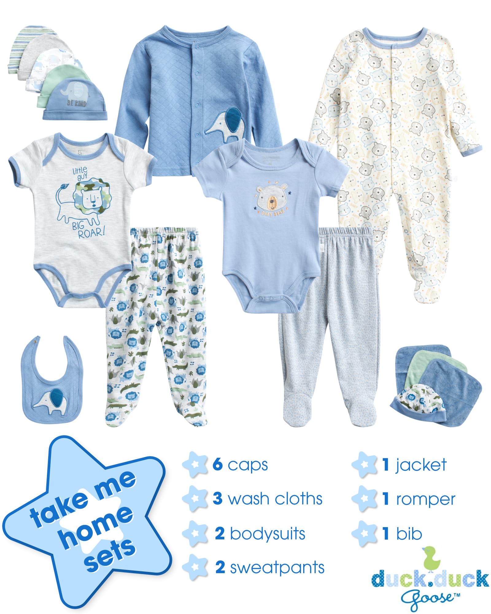 Duck Duck Goose Newborn Baby Take Me Home Layette Gift Set - 17 Piece Jacket, Pants, Bodysuit, Romper, Hat, Washcloth (0-9M), Size 0-3M, Baby Pink
