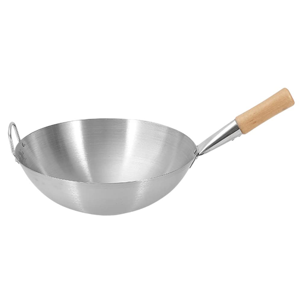 DOITOOL 1pc Stainless Steel Wok with Wood Handle Traditional Hand Hammered Carbon Steel Pow Wok Practical Wok Kitchen Utensil (Silver)
