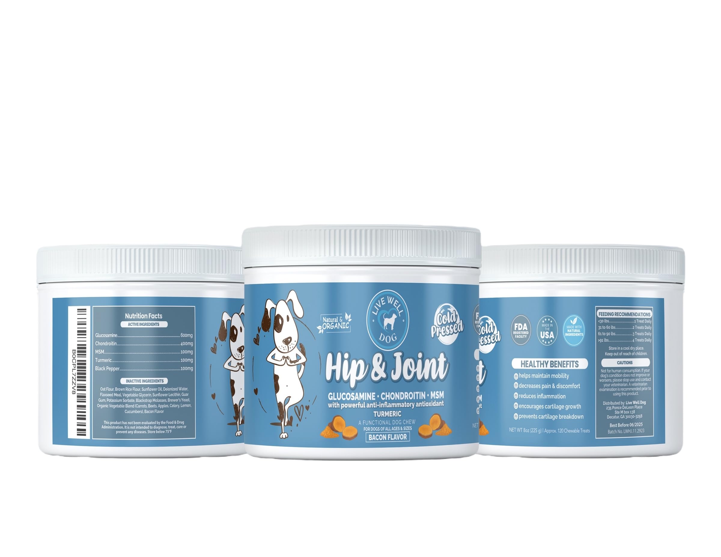 Live Well Dog Hip & Joint Chew for Dogs - Now with Turmeric and Black Pepper - Pet Products with Glucosamine, Chondroitin, & MSM + Vitamins C and E for Dog Joint Relief – 120 Count